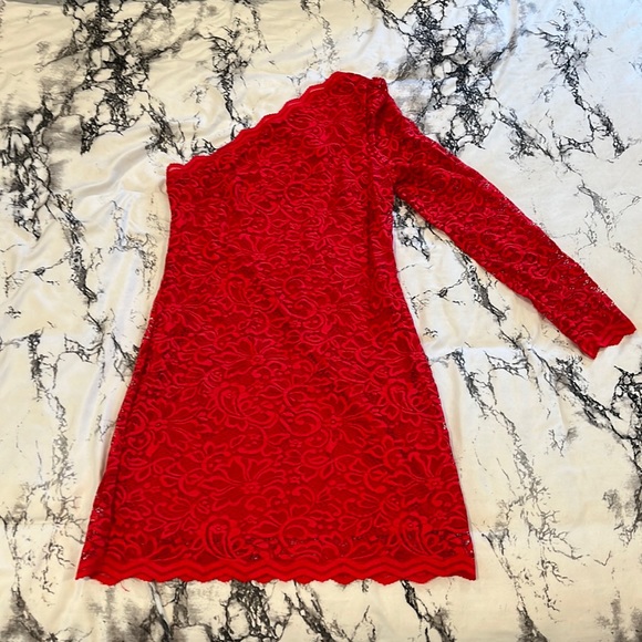 Express | Dresses | Red Lace One Shoulder Dress | Poshmark